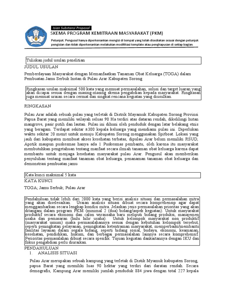 Skema Program Kemitraan Masyarakat (PKM) : Isian Substansi Proposal | PDF