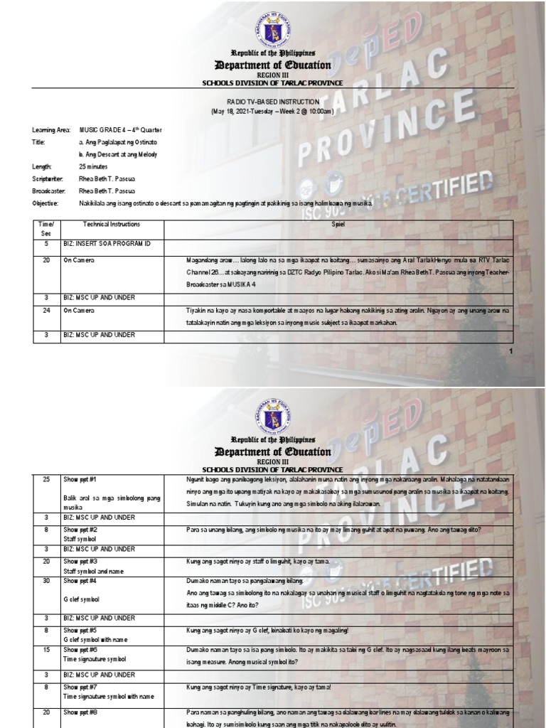 Sample Script-Tarlac-rhea-beth-pascua - Script - Music4 - 4th-qtr | PDF