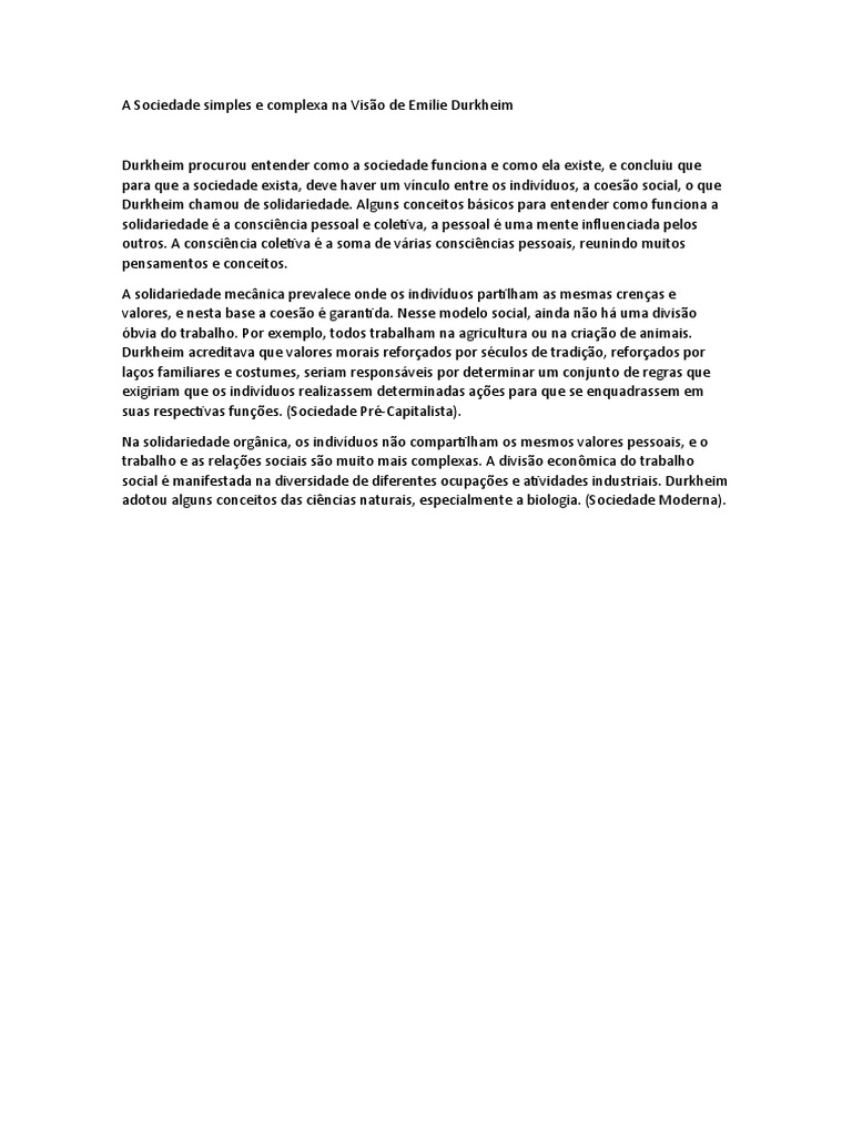 A Sociedade Simples e Complexa Na Visão de Emilie Durkheim | PDF