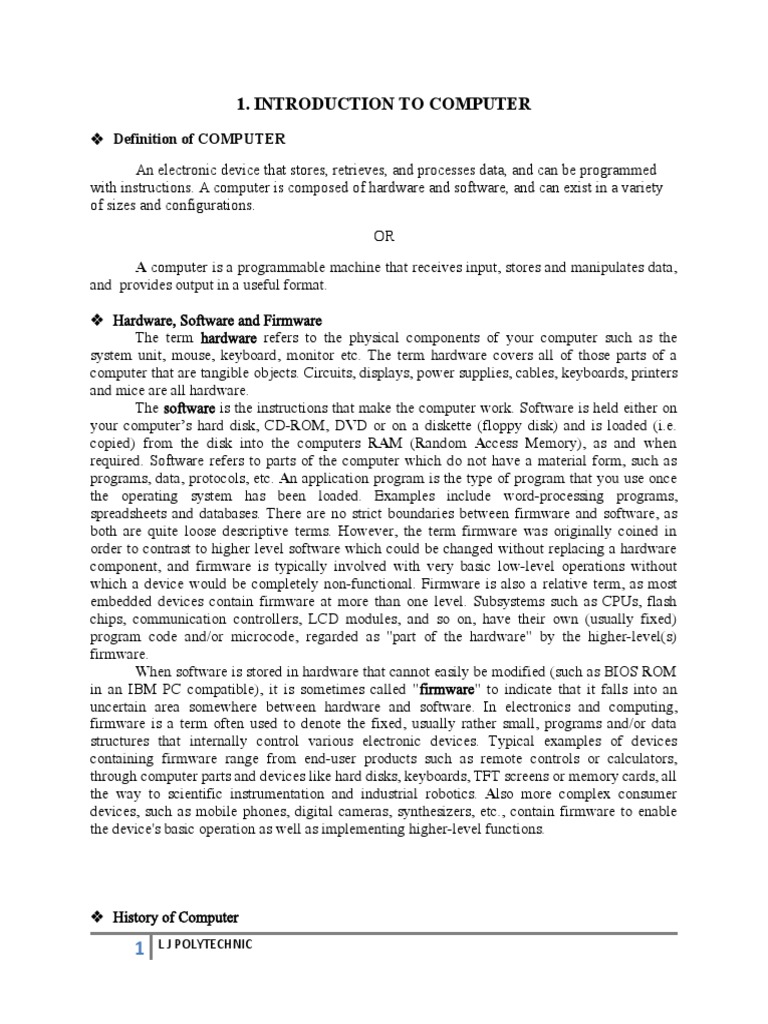 Introduction To Computer: L J Polytechnic | PDF | Central Processing ...