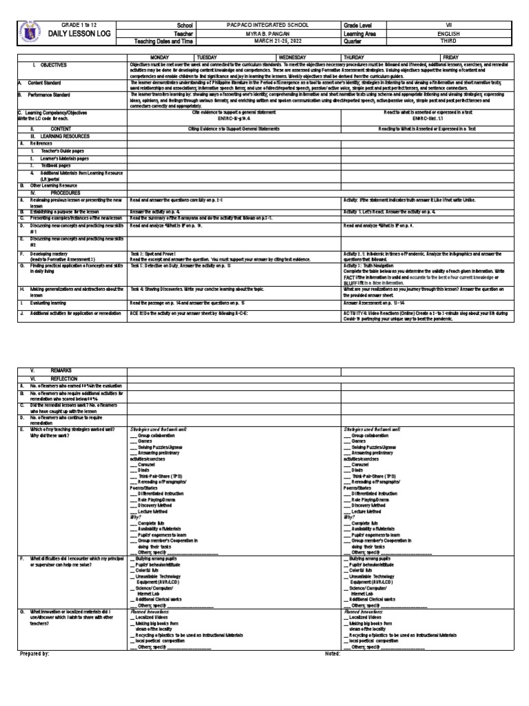 Daily Lesson Log Blank | PDF | Learning | Differentiated Instruction