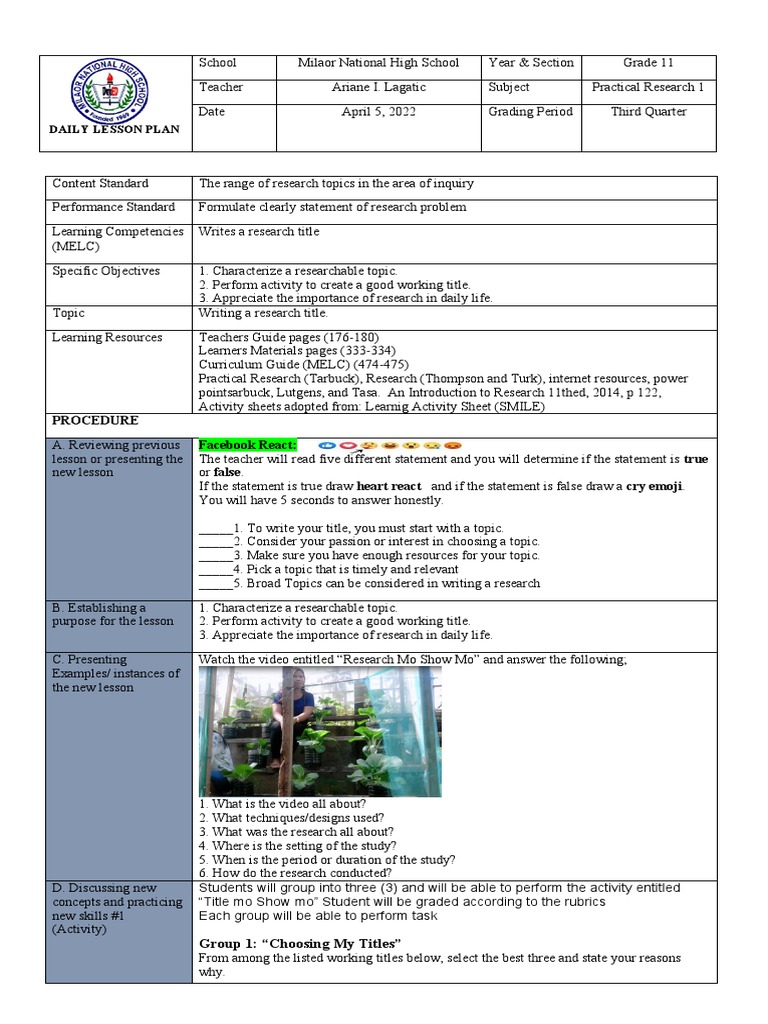 A Detailed Demonstration Lesson Plan Final | PDF | Lesson Plan | Rubric ...