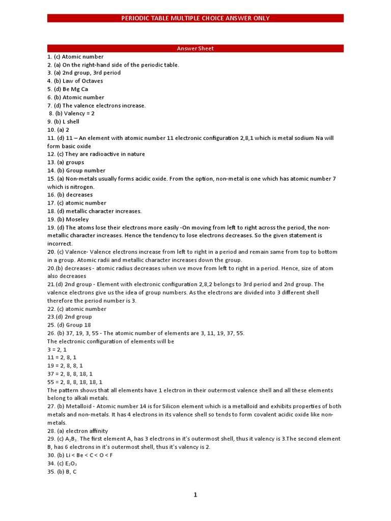 Periodic Table MCQ-Answer Only | PDF | Periodic Table | Chemical Compounds