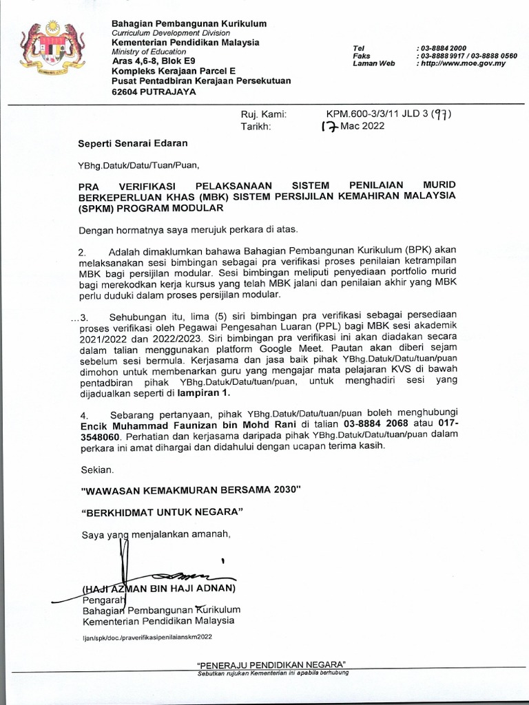 Surat - Pra Verifikasi Pelaksanaan Sistem Penilaian Murid Berkeperluan ...