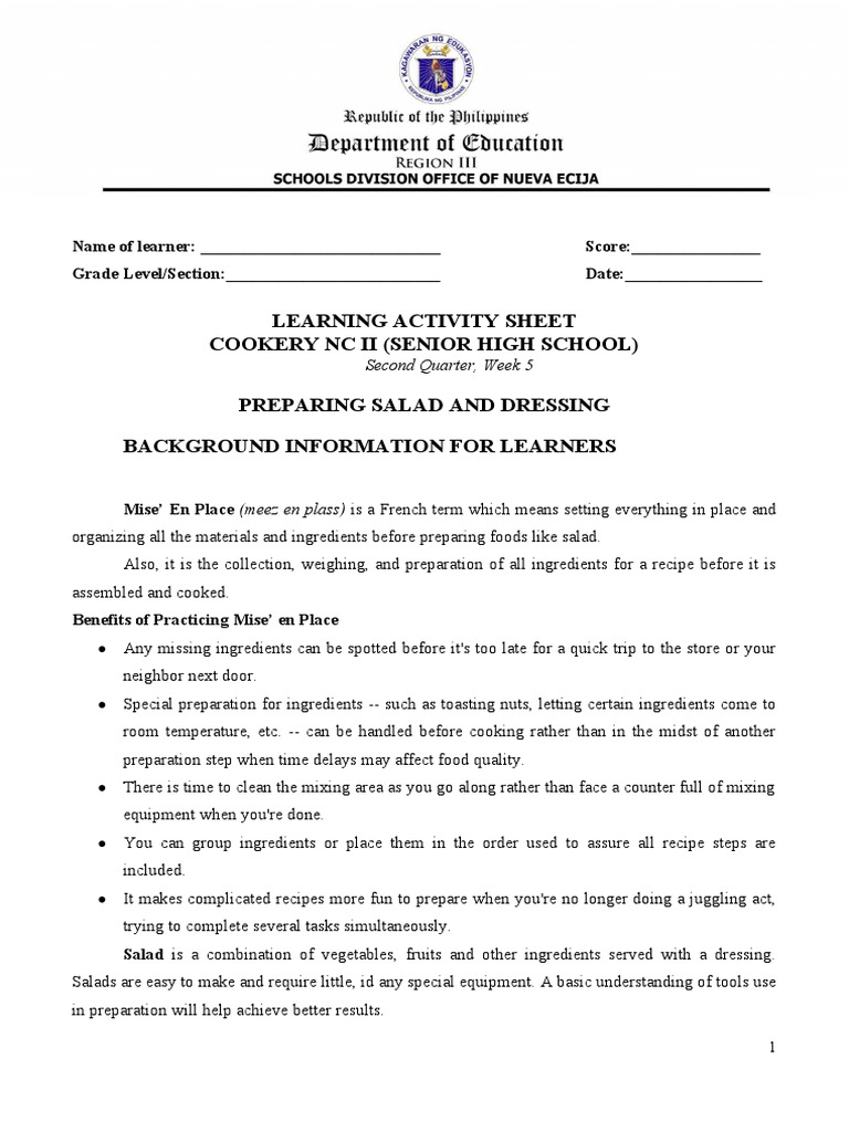 Learning Activity Sheet Cookery NC Ii (Senior High School) Preparing ...