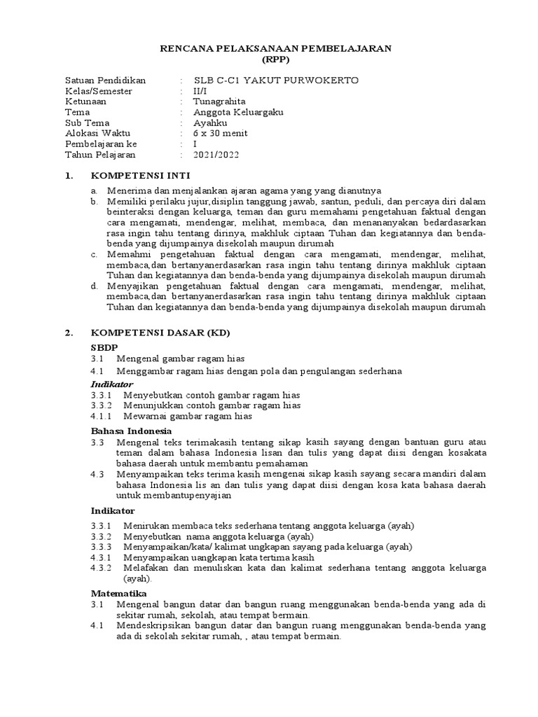 RPP Tunagrahita Kelas 2 Tema 1 Subtema 1 | PDF