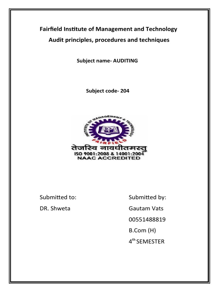 Fairfield Institute of Management and Technology Audit Principles ...