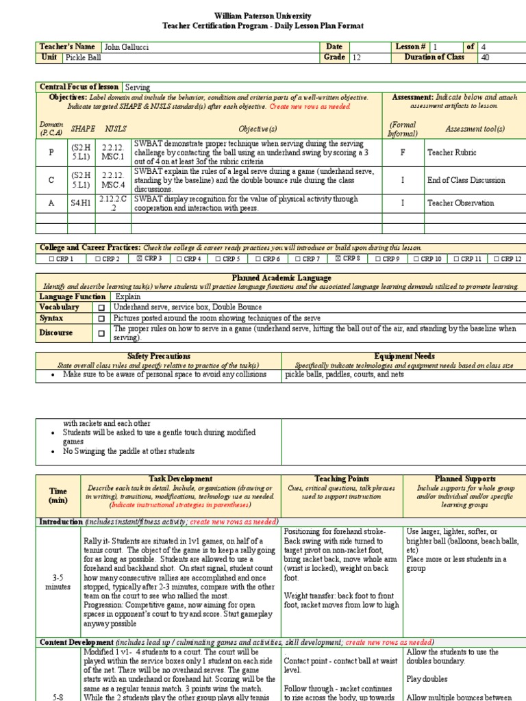 Pickle Ball - Lesson Plans | PDF