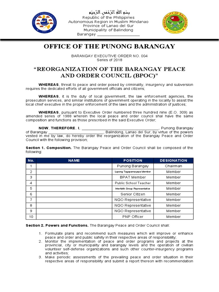 Barangay Peace and Order Council (BPOC) | PDF | Social Institutions ...