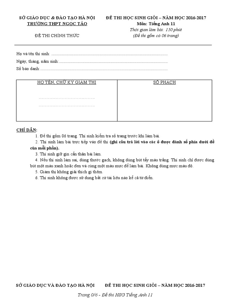 De Thi HSG 11 - 2017 | PDF