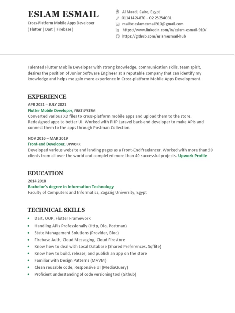 Flutter Mobile Developer Resume | PDF | Mobile App | User (Computing)