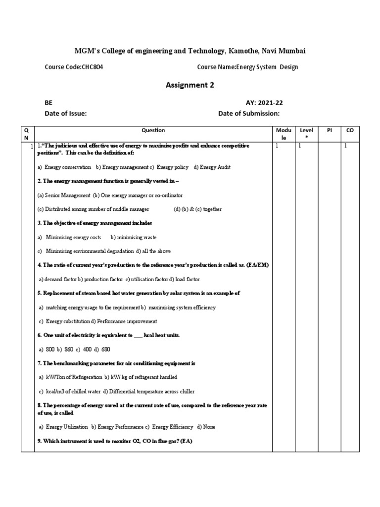 Assignment 2: MGM's College of Engineering and Technology, Kamothe, Navi Mumbai | PDF | Energy ...