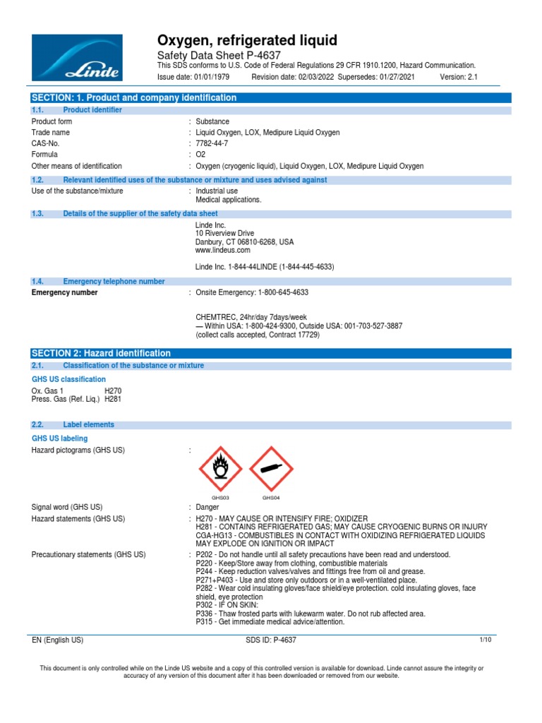 Liquid Oxygen Medipure Gas O2 Safety Data Sheet Sds p4637 | PDF ...