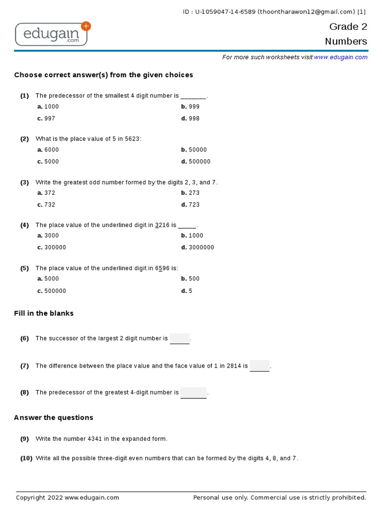 Grade 2 Numbers: Choose Correct Answer(s) From The Given Choices | PDF