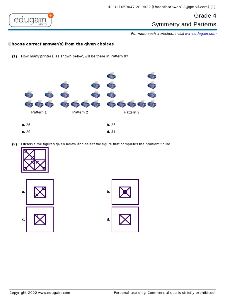 Grade 4 Symmetry and Patterns: Choose Correct Answer(s) From The Given ...