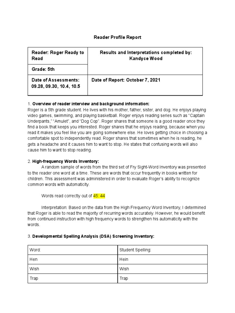 Reader Profile Report | PDF | Reading Comprehension | Fluency