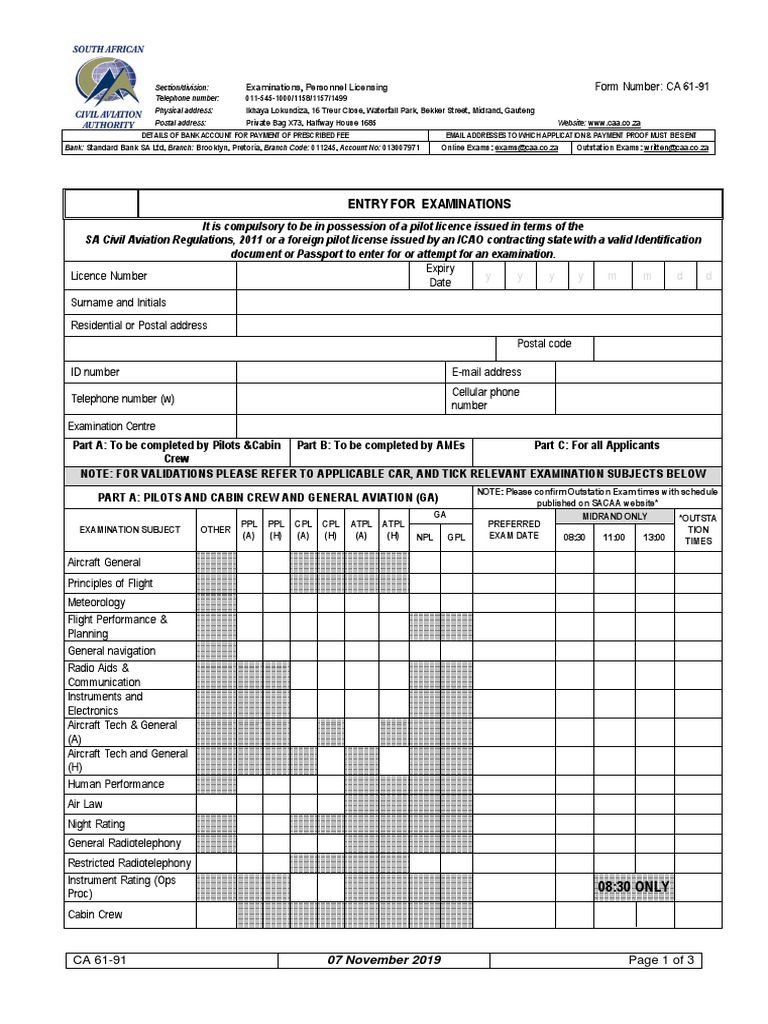 1 - CAA 61-91 Exam Form | PDF | Aircraft | Flight Instructor