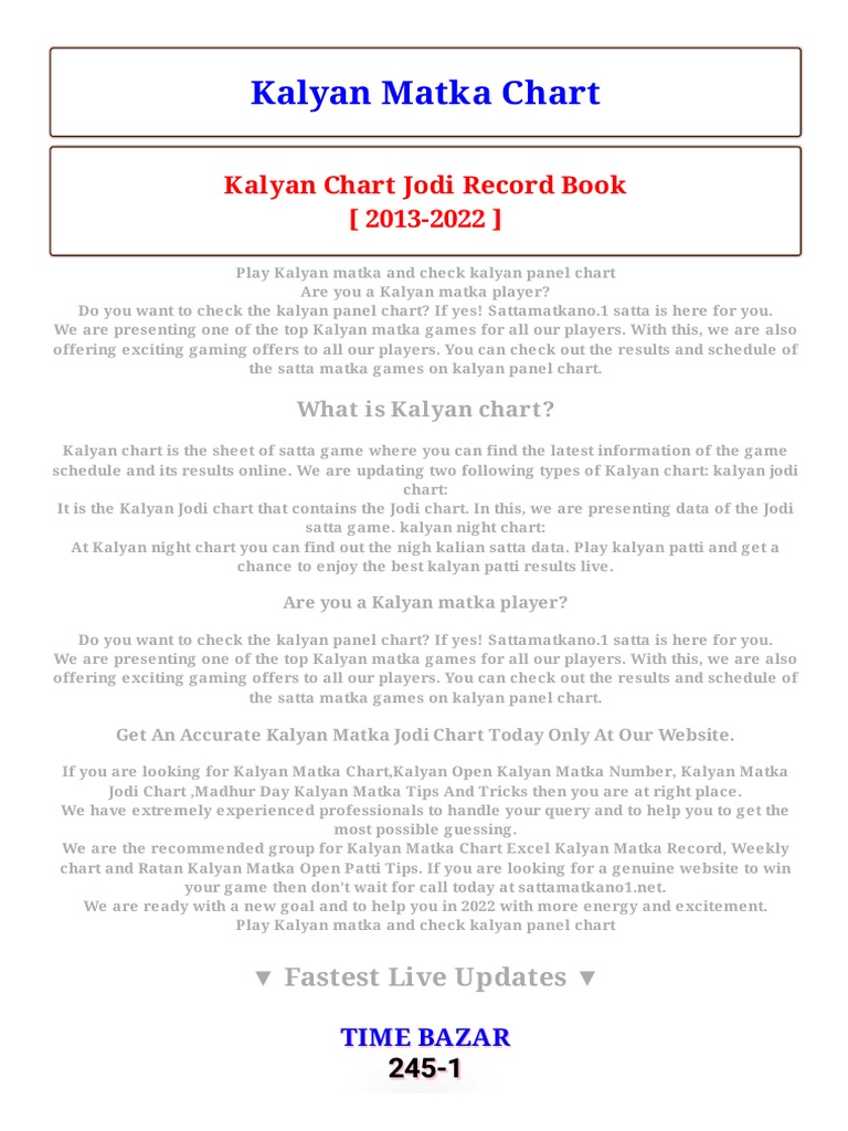 Kalyan Chart - Kalyan Matka Chart - Kalyan Jodi Record Book | PDF ...