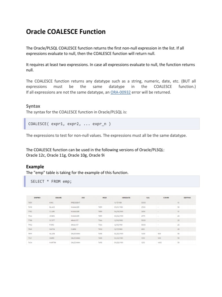 Oracle COALESCE Function: Syntax | PDF | Computer Programming | Sql