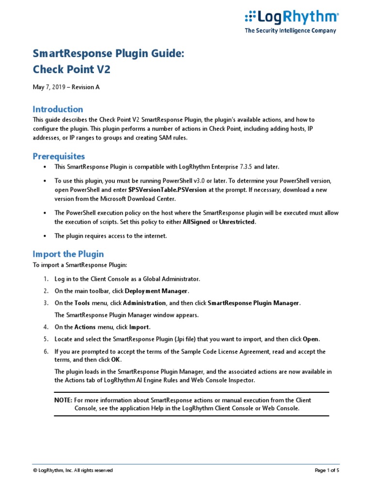 Smartresponse Plugin Guide: Check Point V2: © Logrhythm, Inc. All Rights Reserved Page 1 of 5 ...