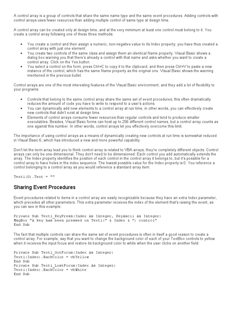 Understanding Control Arrays in Visual Basic | PDF | Array Data Structure | Subroutine