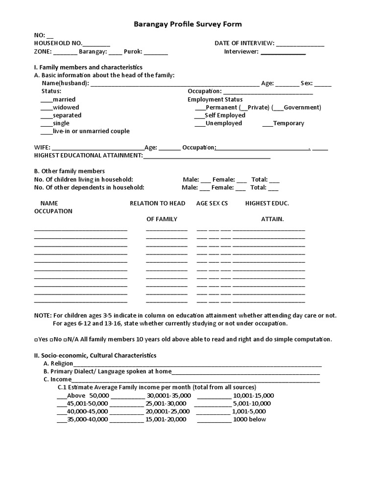 Barangay Profile Survey Form: I. Family Members and Characteristics ...
