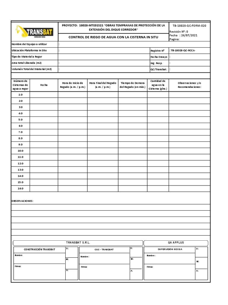 Tb-18028-Qc-Form - 020 - Control de Cisternadas de Agua | PDF