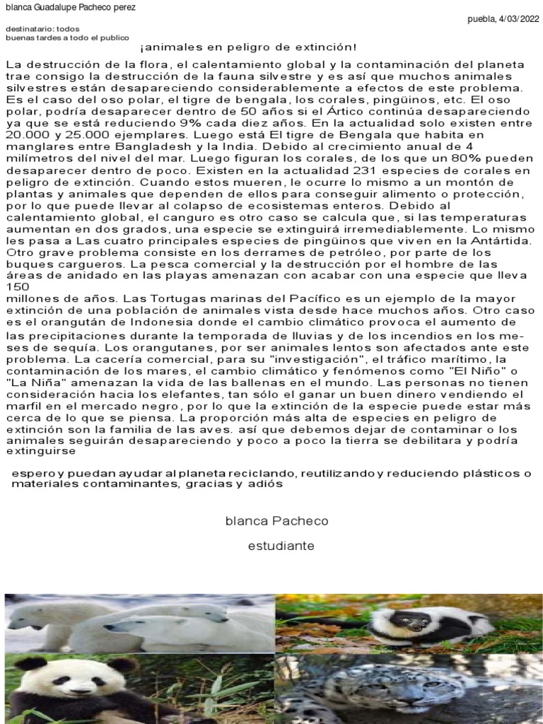 Articulo de Opinion Sobre Los Animales en Peligro de Extincion | PDF ...