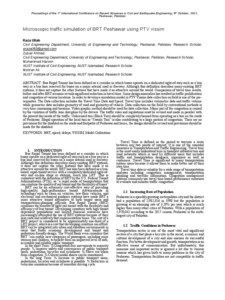Microscopic Traffic Simulation of BRT Peshawar Using PTV Vissim | PDF ...