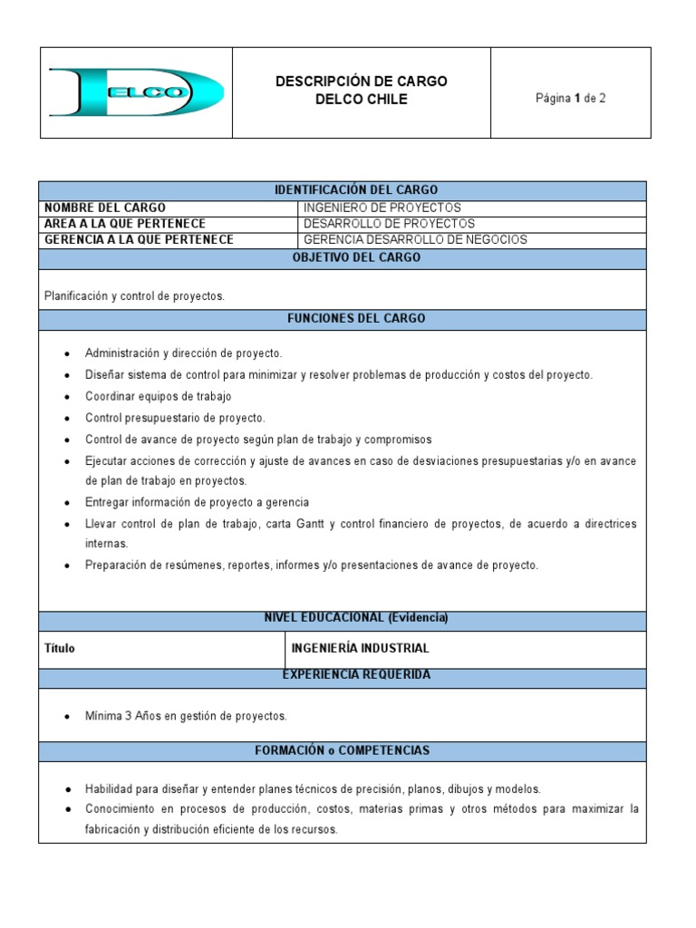 Descriptor - de - Cargo - INGENIERO INDUSTRIAL | PDF | Gestión de proyectos | Economias