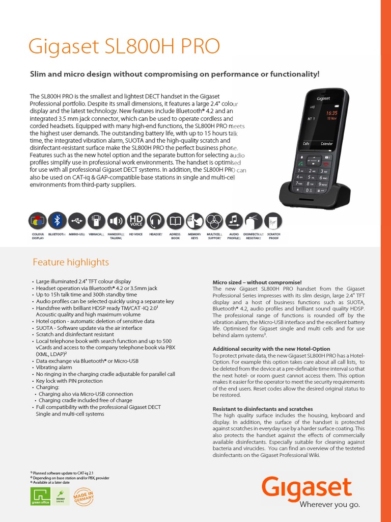 Gigaset SL800H PRO: Feature Highlights | PDF | Computing | Bluetooth