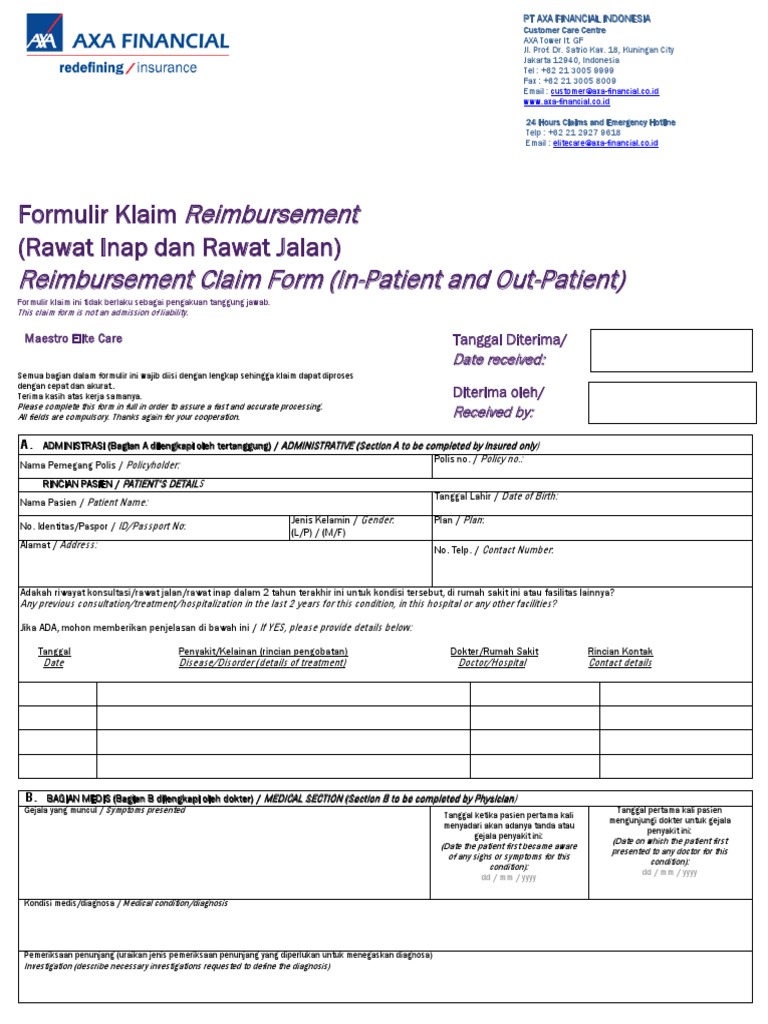 Formulir Klaim Reimbursement AXA | PDF
