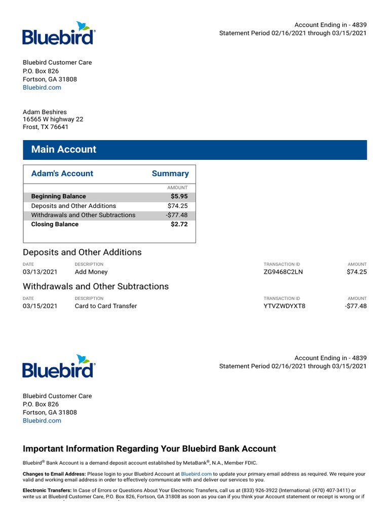 Bluebird Statement - Bluebird - 1625594969518 | PDF | Deposit Account ...