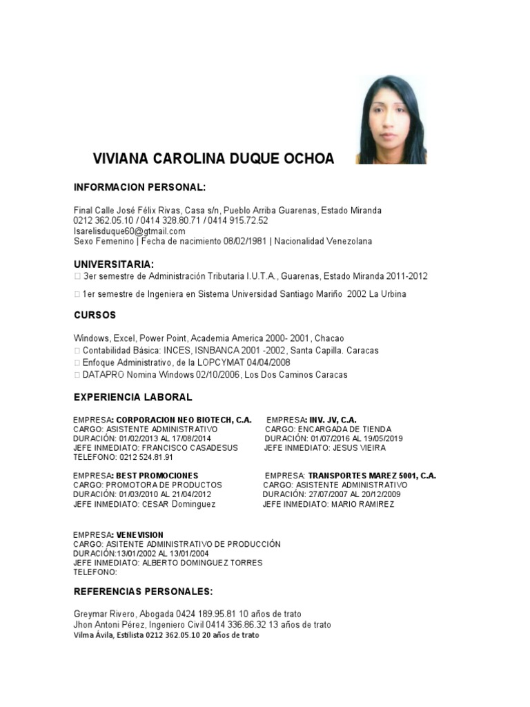 Viviana Carolina Duque Ochoa Curriculum Vitae | PDF | Finanzas y dinero