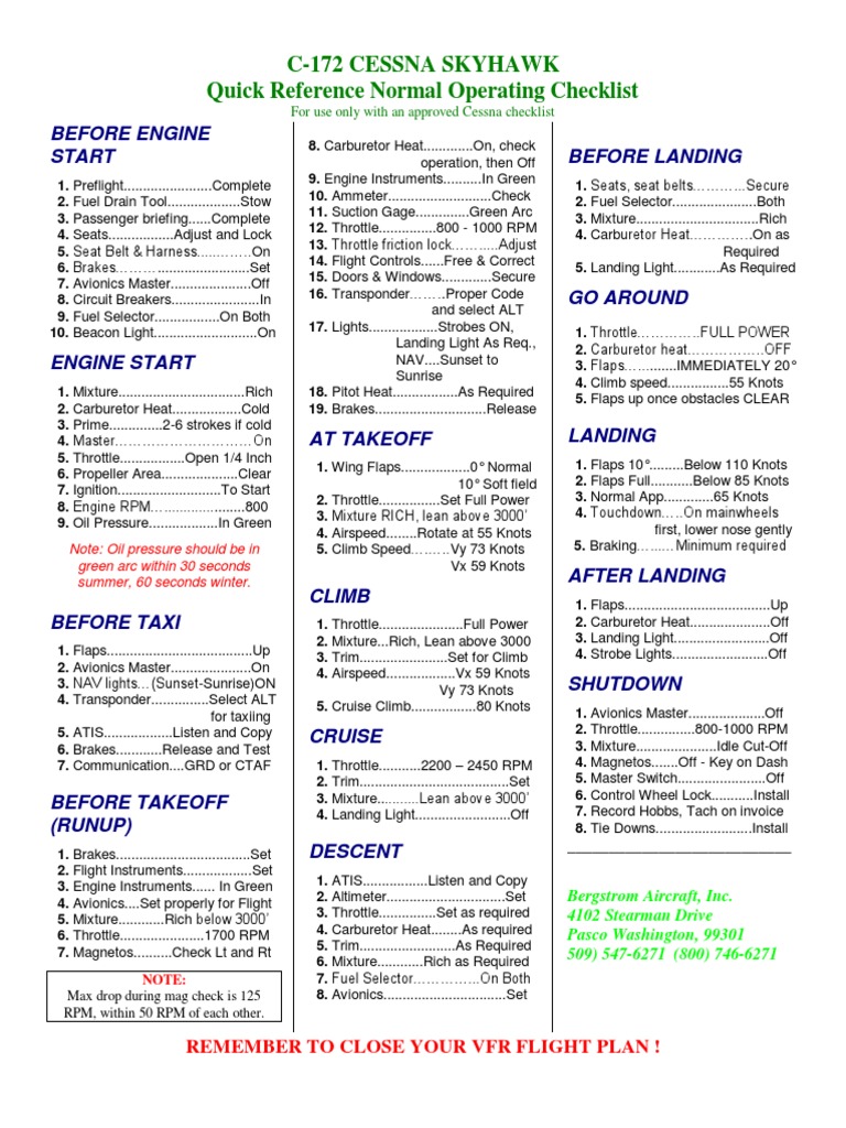 C-172 Cessna Skyhawk Quick Reference Normal Operating Checklist | PDF ...