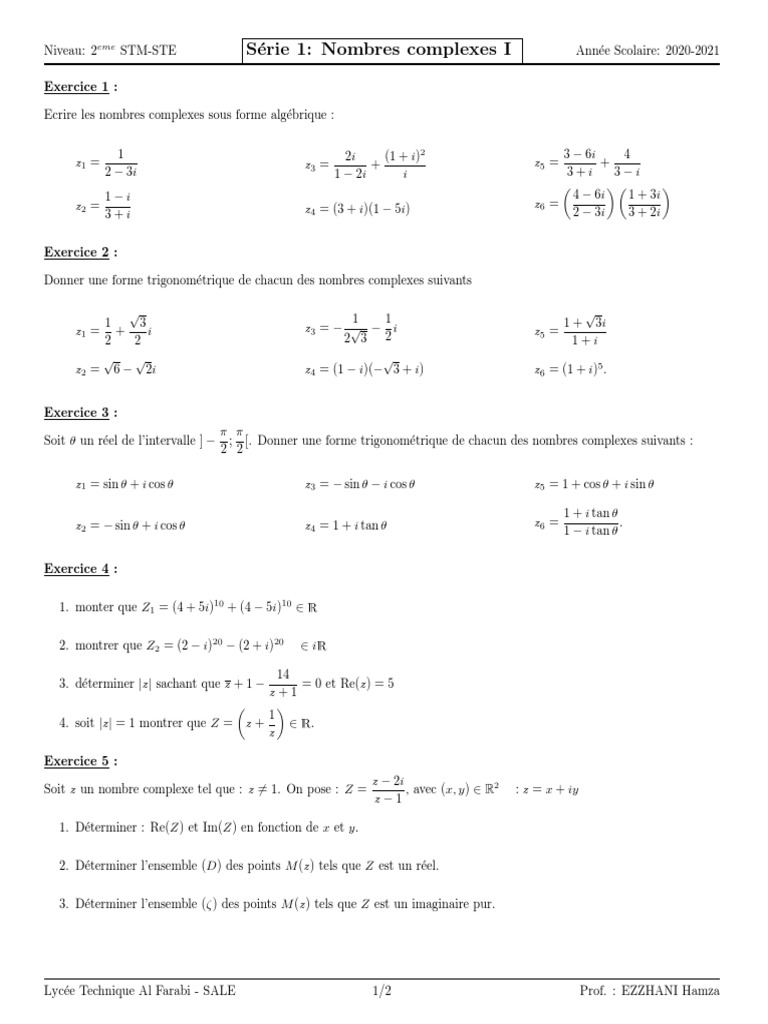 Exercices sur les Nombres Complexes I | PDF | Nombre complexe | Nombre