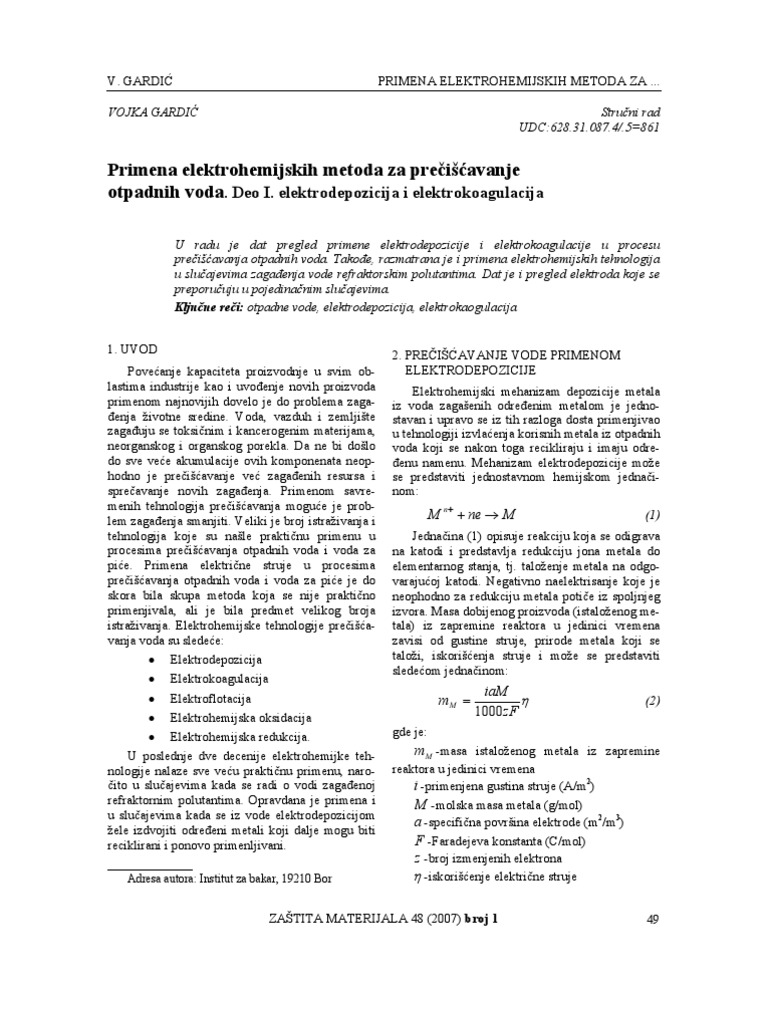 Elektrohemijske Metode U Tretmanu Otpadnih Voda | PDF