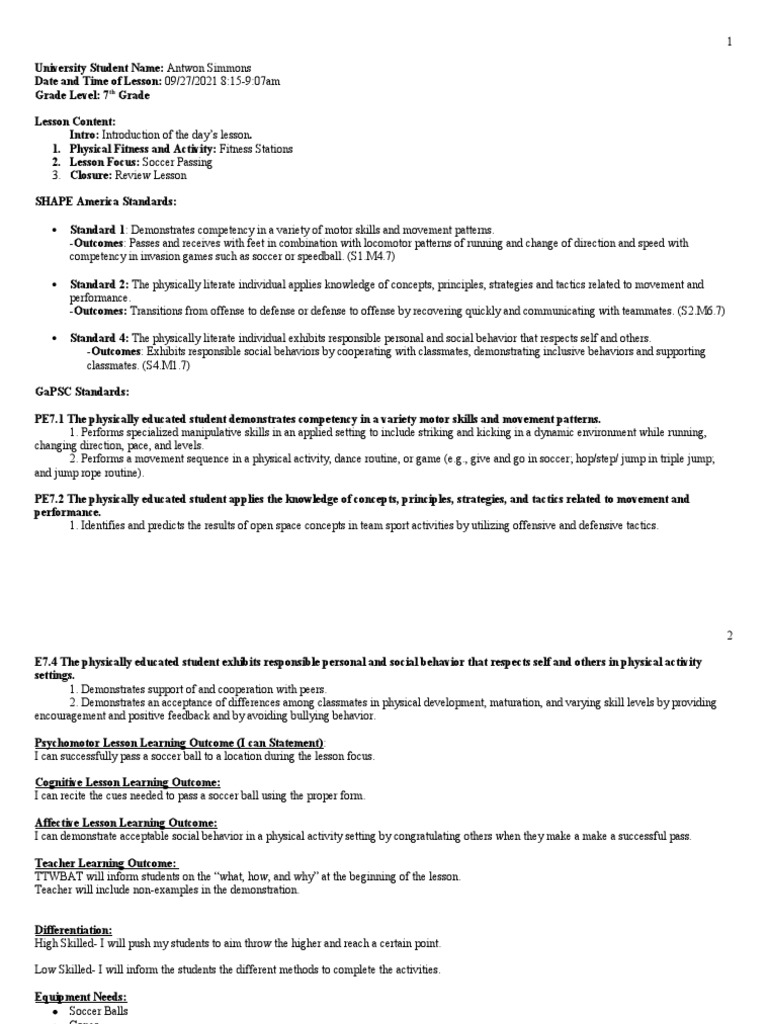 7th Grade Soccer Lesson Plan | PDF | Learning | Teachers