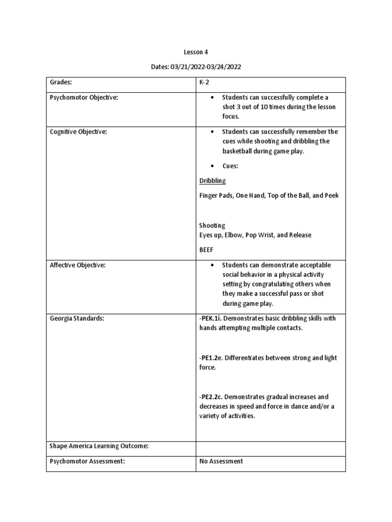 Lesson 4 Basketball Lesson Plan k-2 | PDF | Teachers ...