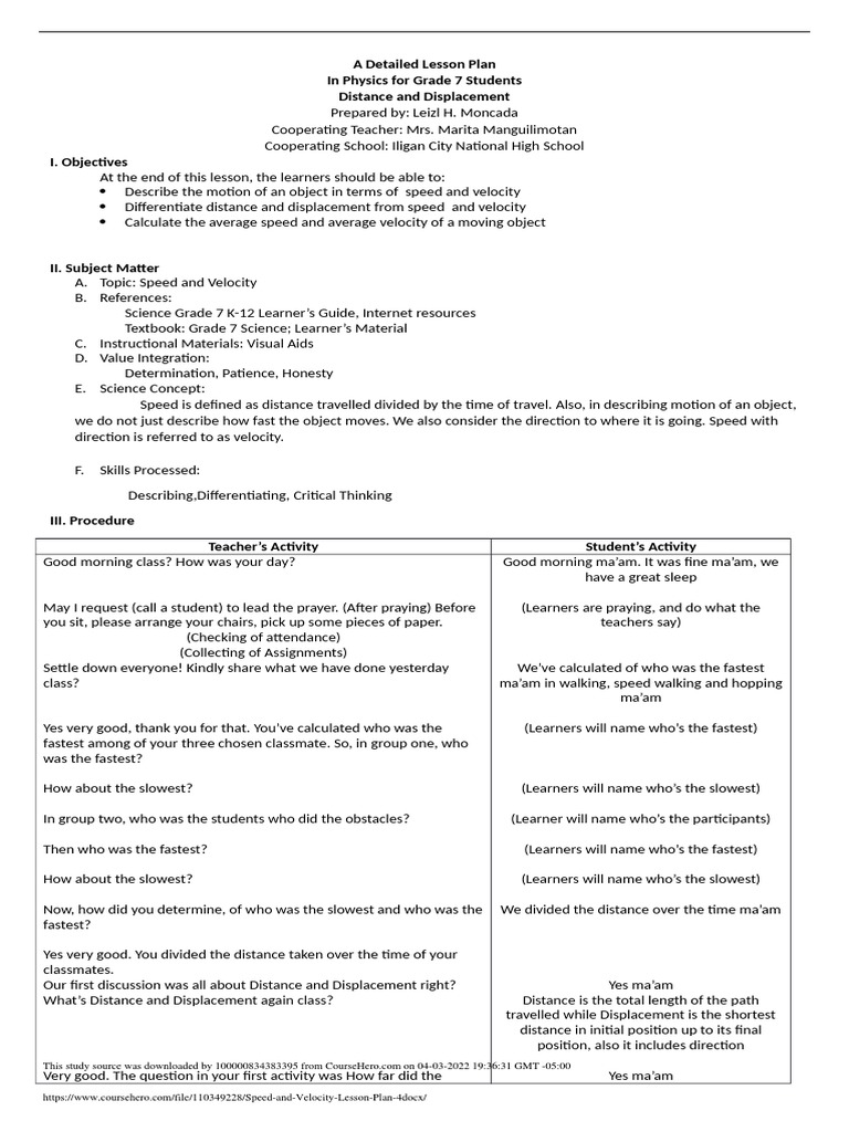 Speed and Velocity Lesson Plan 4 | PDF | Speed | Velocity
