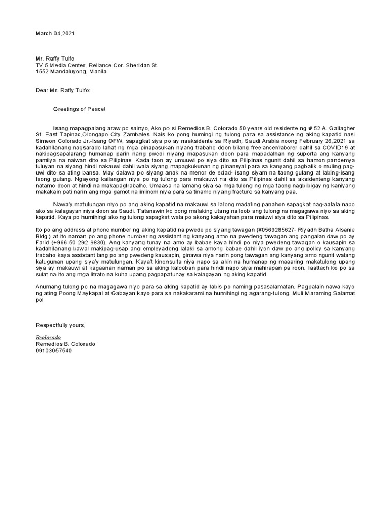 Letter of Assistance | PDF