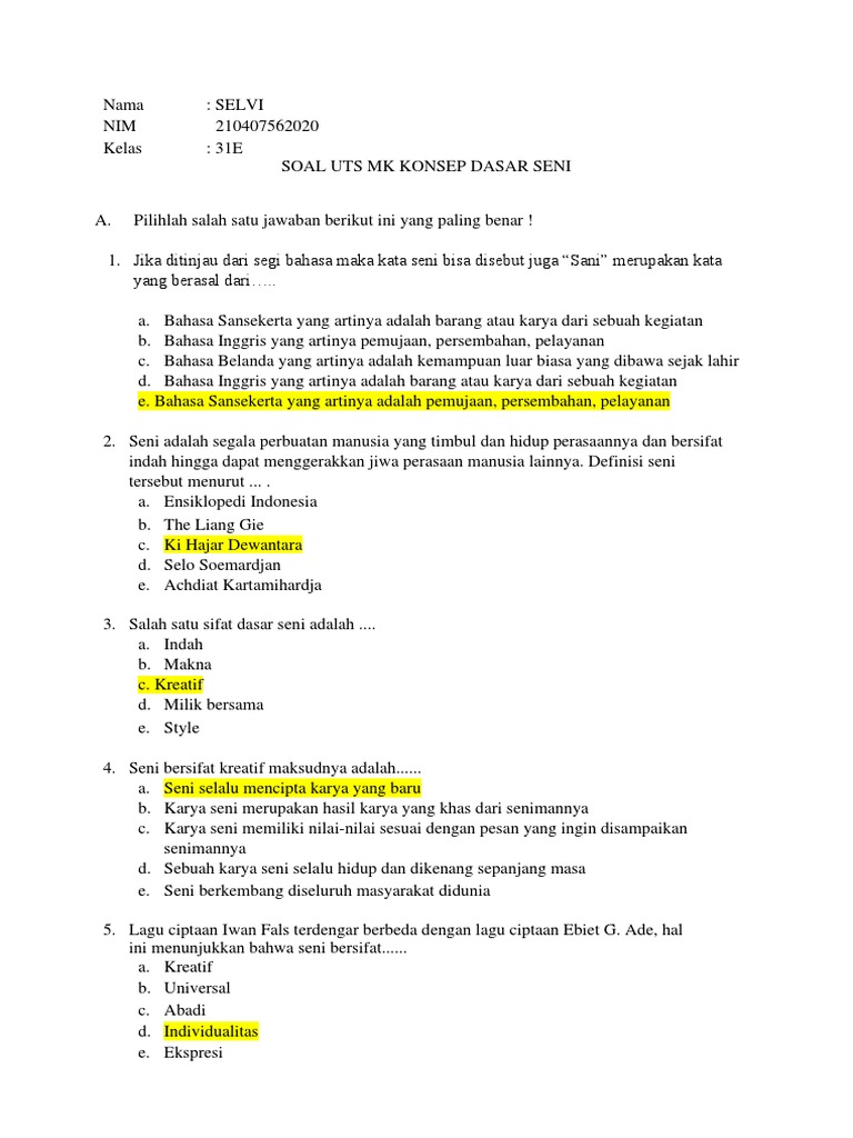 Soal Uts MK Konsep Dasar Seni-Dikonversi (1) - Dikonversi | PDF