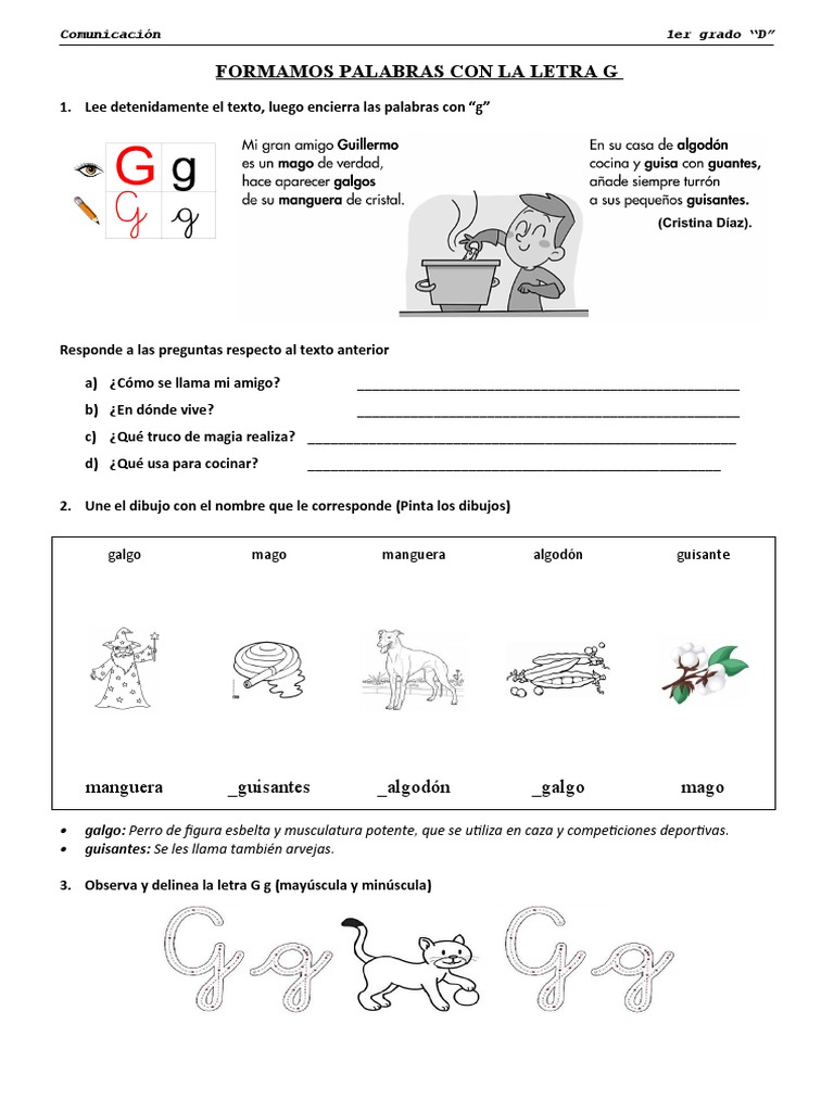 Actividades con la letra G para 1er grado | PDF
