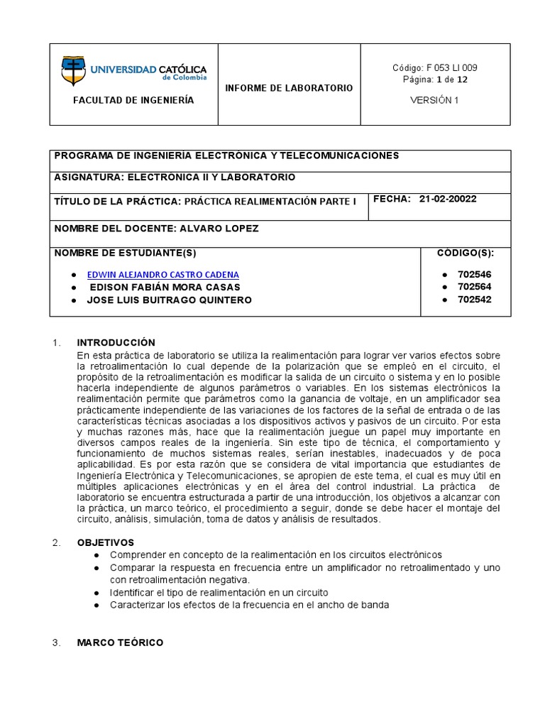 Formato Informe Lab 1 | PDF | Electrónica | Realimentación