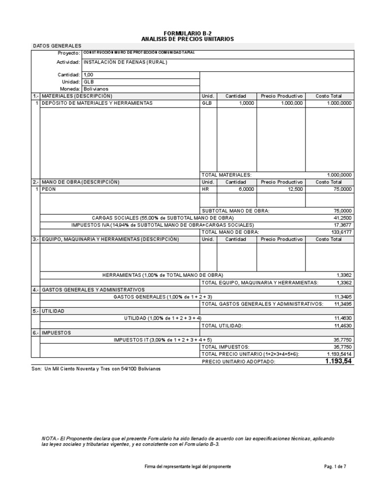 Formulario B-2 Analisis de Precios Unitarios: Construcción Muro de Protección Comunidad Tapial ...