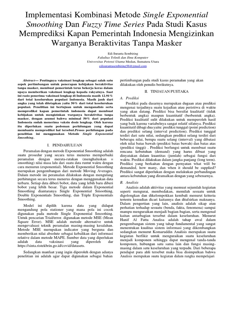 Implementasi Kombinasi Metode Single Exponential Smoothing Dan Fuzzy Time Series | PDF