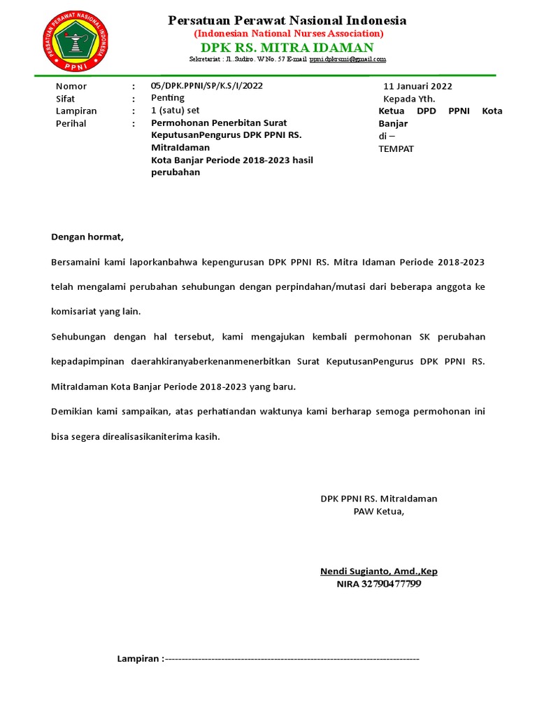 Surat Permohonan SK Pengurus DPK RSMI | PDF