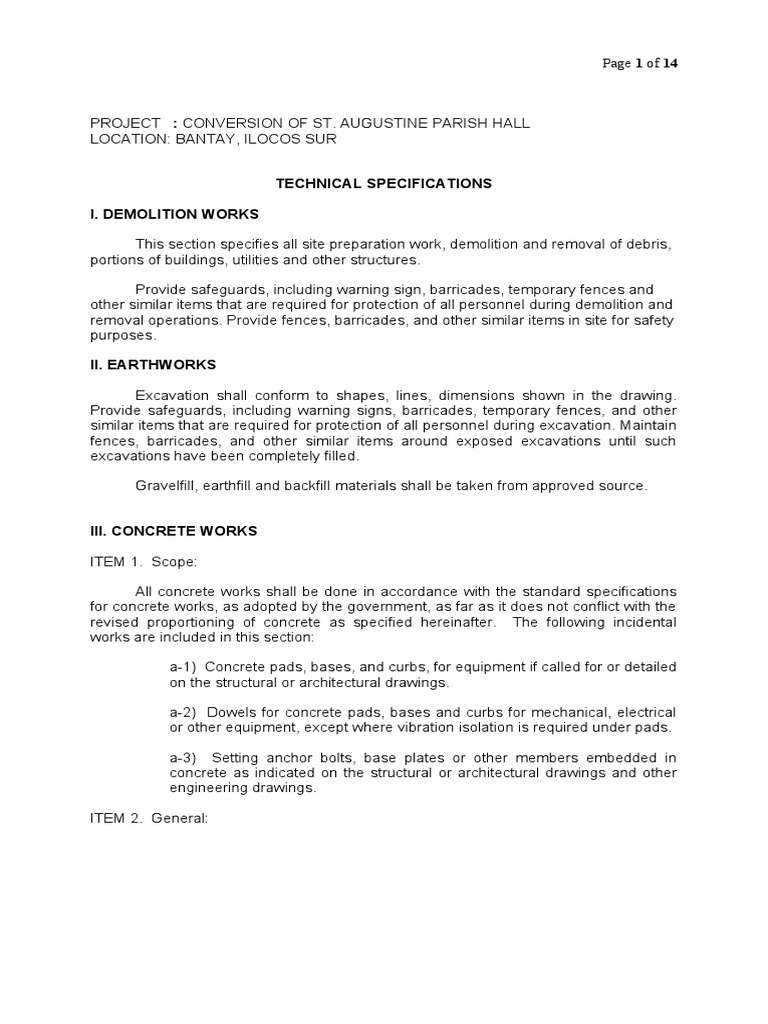 Technical Specifications I. Demolition Works | PDF | Concrete | Plumbing