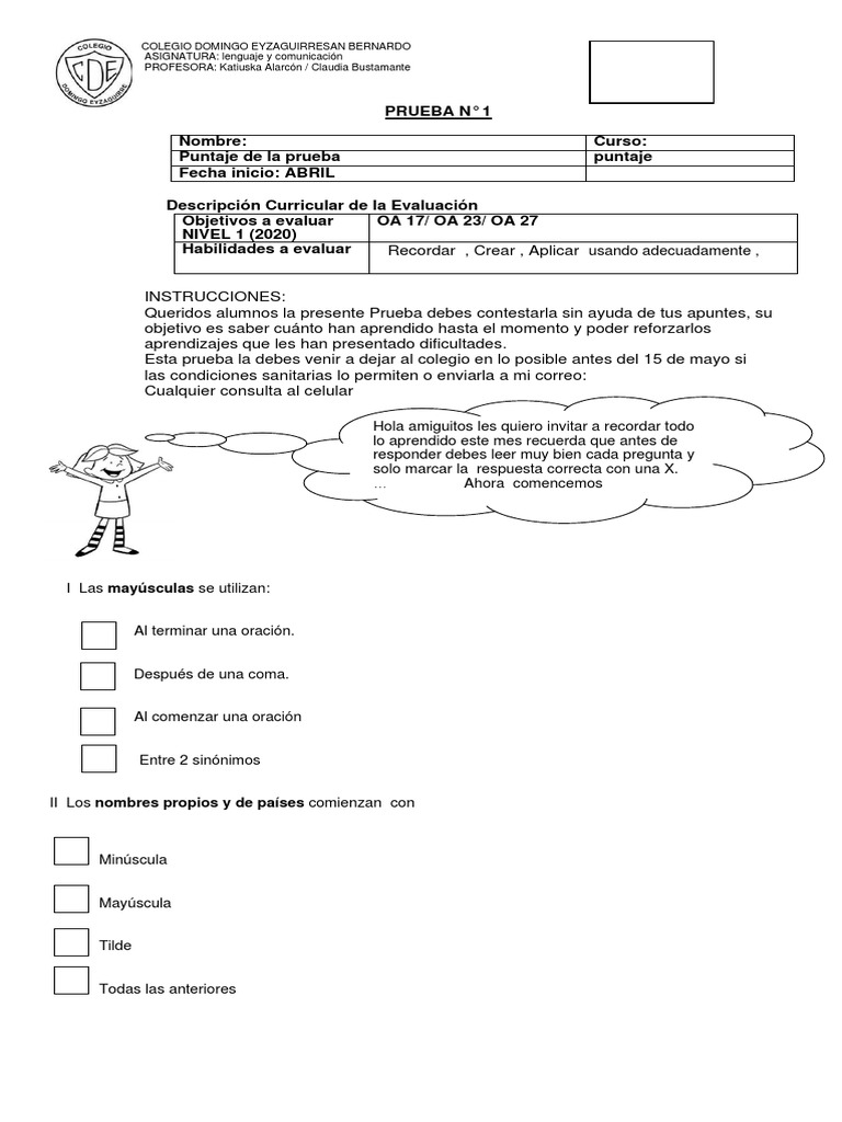 Prueba N°1 Lenguaje 3° Básico | PDF
