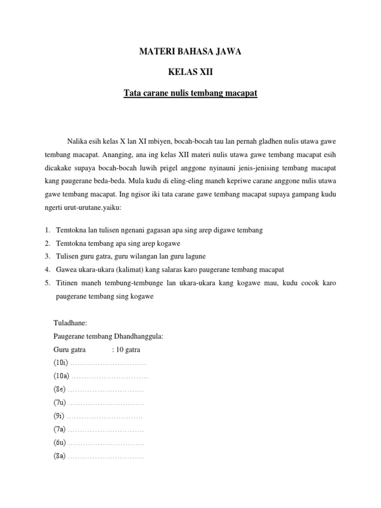 Tata Carane Nulis Tembang Macapat | PDF